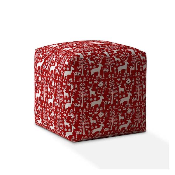 HomeRoots Charlie Red And White Cotton Square Pouf Cover Only ...
