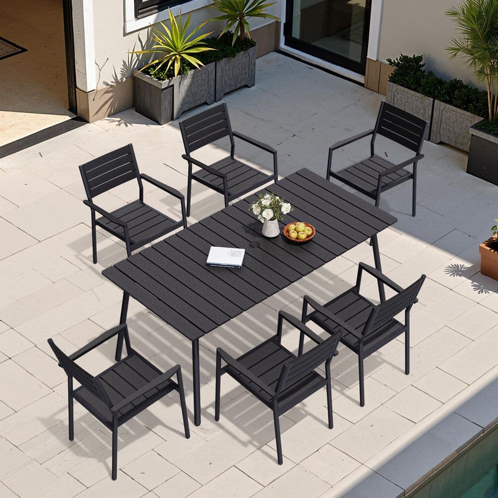 Pellebant 7-Piece Aluminum Outdoor Dining Set in Black with Stackable ...