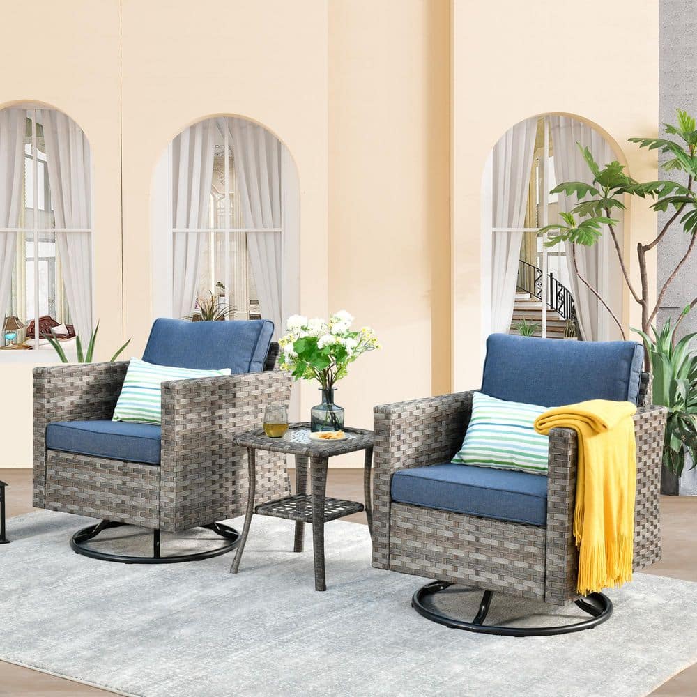 XIZZI Isabella Gray 3-Piece Wicker Outdoor Rocking Chair Set with Denim ...