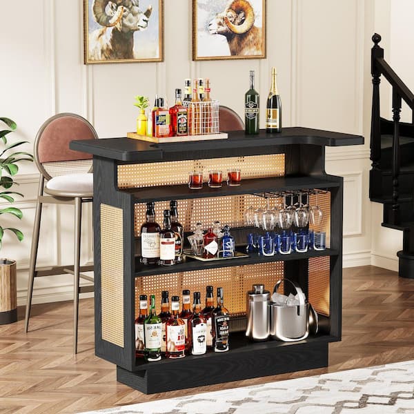 BYBLIGHT Kearsten Black 43.3 in. W Rattan Wine Cabinet, Farmhouse 4 ...