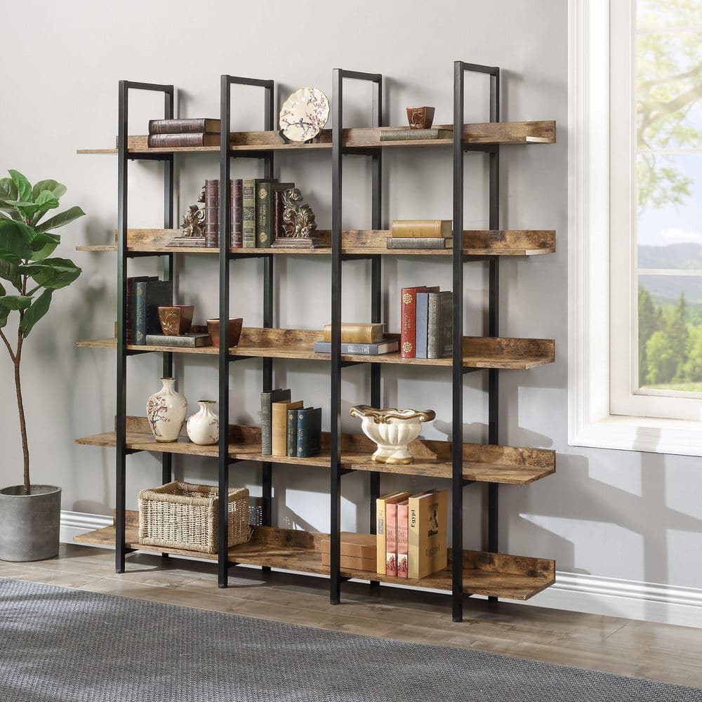 Polibi 70.87 in. H Brown Vintage Industrial Style 5-Shelf Bookcase with ...