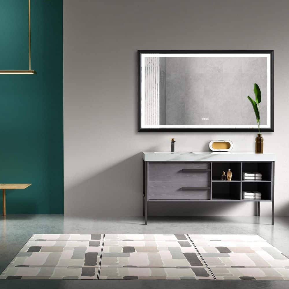 Interbath 60 in. W x 36 in. H Large Rectangular Framed Dimmable Wall Bathroom Vanity Mirror in ...