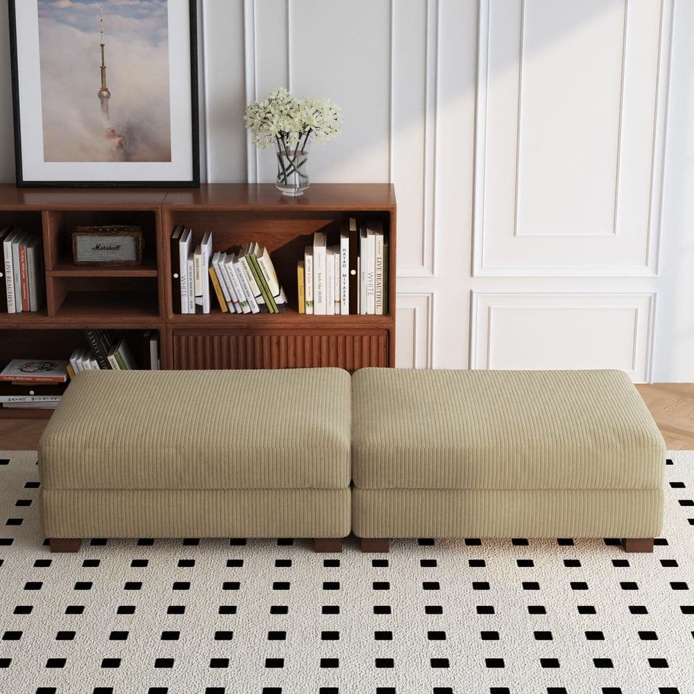 Uixe 84.7 in. Camel Corduroy Fabric Rectangle Sectional Ottoman with ...