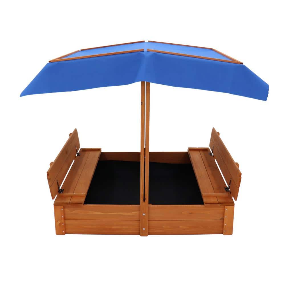 3.9 ft. W x 3.9 ft. L Wood Sandbox with Cover, Sand Box with 2 Bench ...
