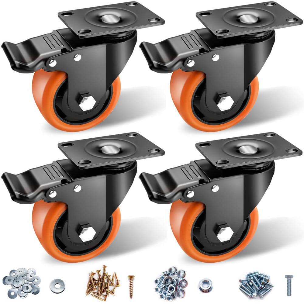 Angel Sar 4-Piece 3 in. Heavy Duty Orange Polyurethane Caster Wheels ...