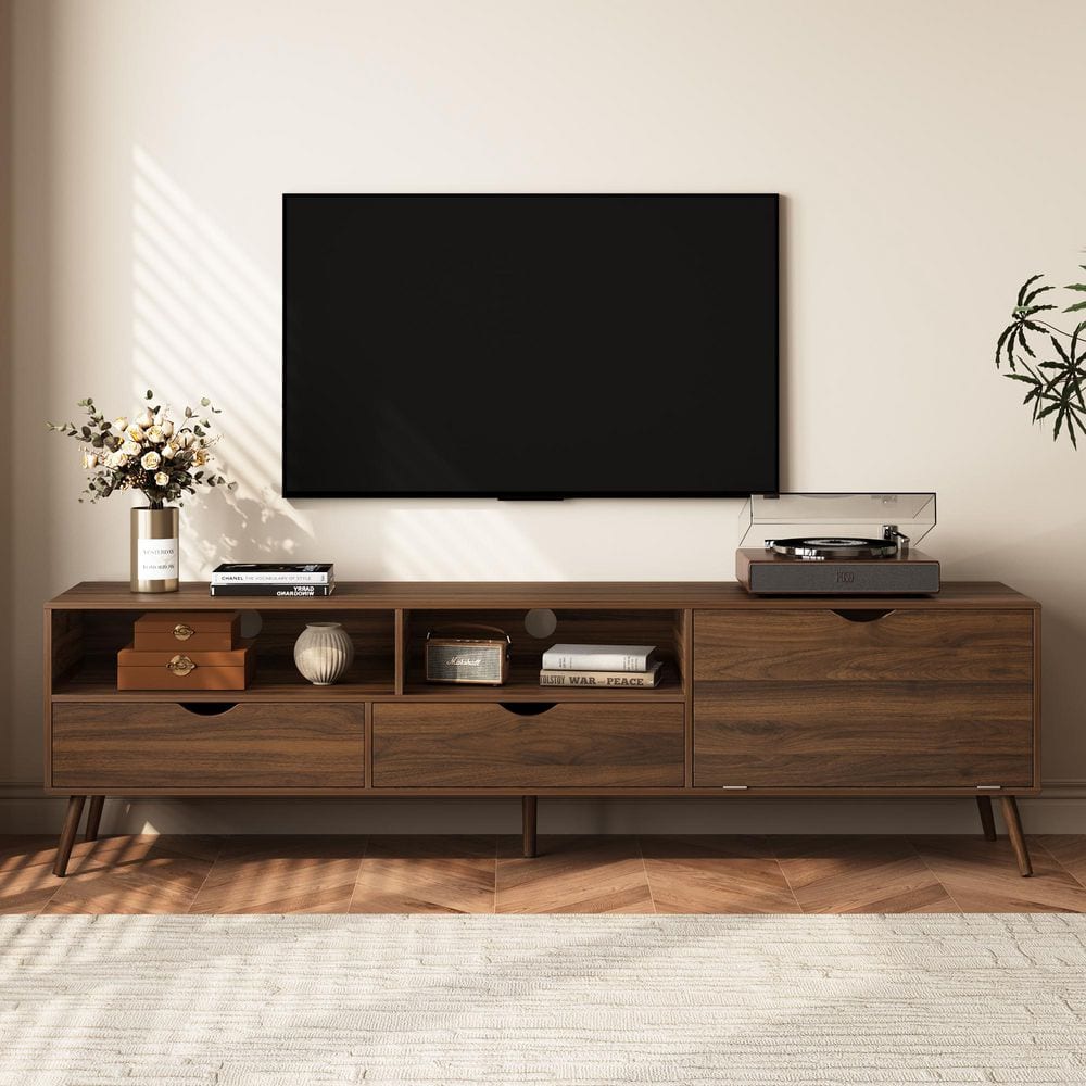 Noble House Yates Mid-Century Natural TV Stand Fits TVs up to 80 in ...