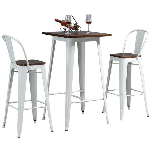 HOMCOM 3-Piece White Bar Table Set with Footrests and Metal Frame 835 ...