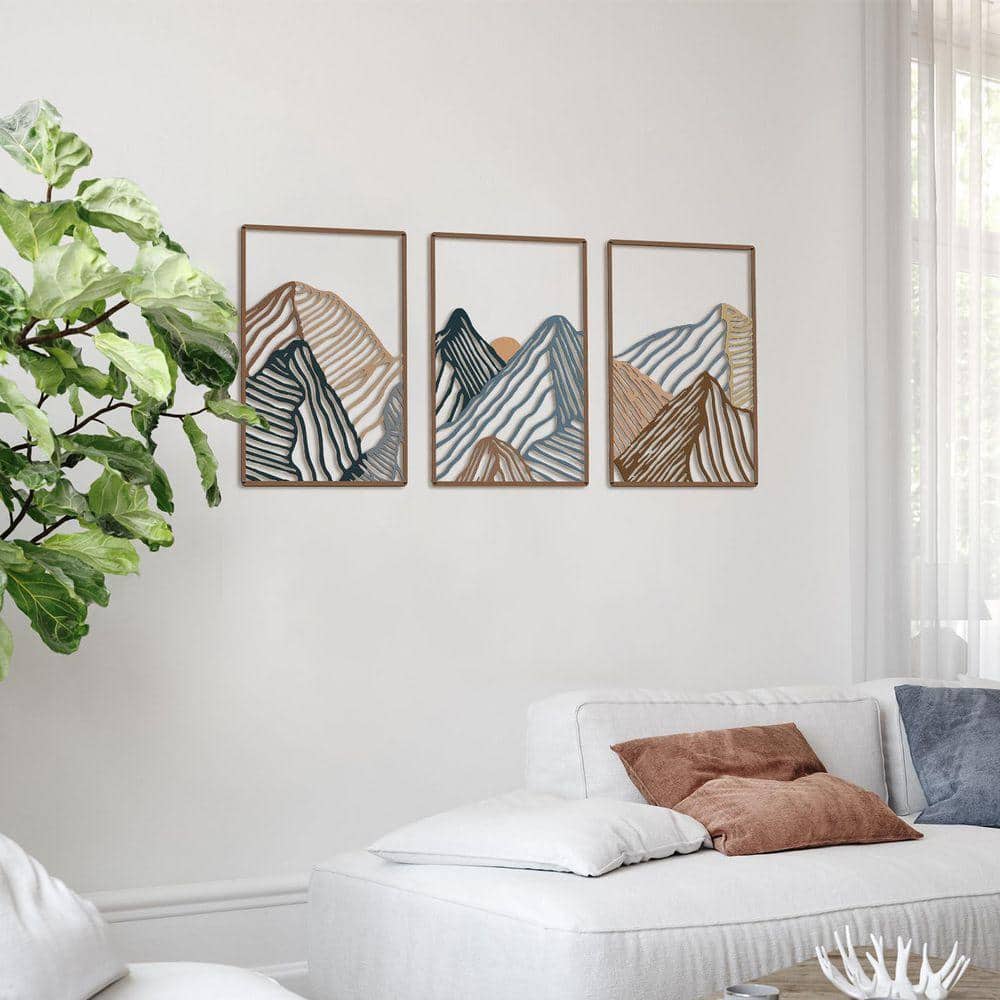 Angel Sar 16.9 in. x 11.6 in. 3-Pcs Vibrant Colors Mountain Metal Wall ...
