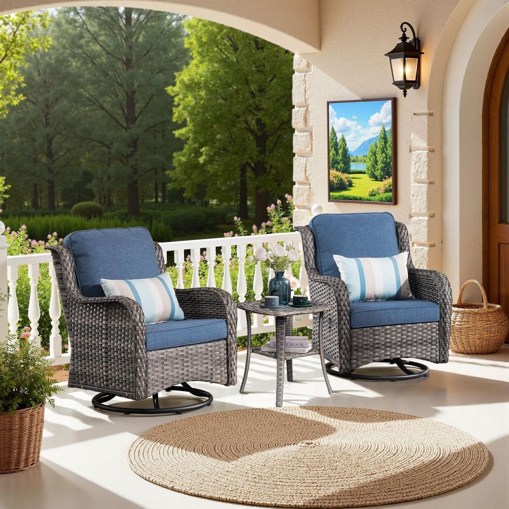 Caodoc Clario 3-Piece Wicker Outdoor Rocking Chair Patio Swivel Chair ...