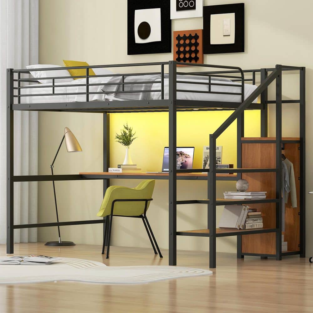 Polibi Black Full Size Loft Bed with Desk, Storage Staircase, Small Wardrobe and LED Light ...
