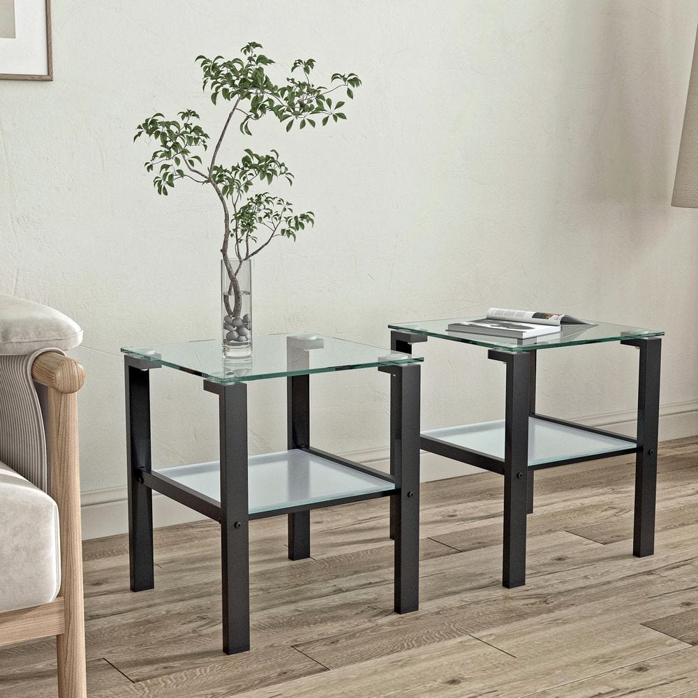 GOGEXX Set of 2 17.7 in. Square Dual-Layer Glass Side Tables, Clear ...