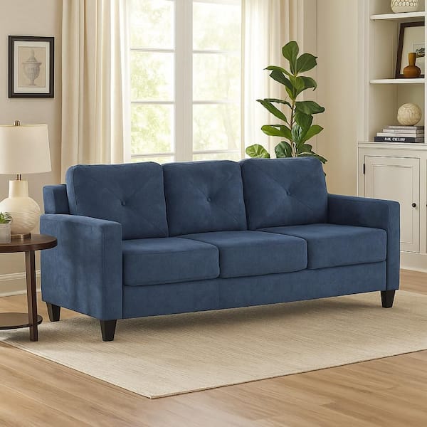 Benjara Royi 31 in. Square Arm Chenille Rectangle Tufted Back Style Sofa in Navy Blue and Black ...