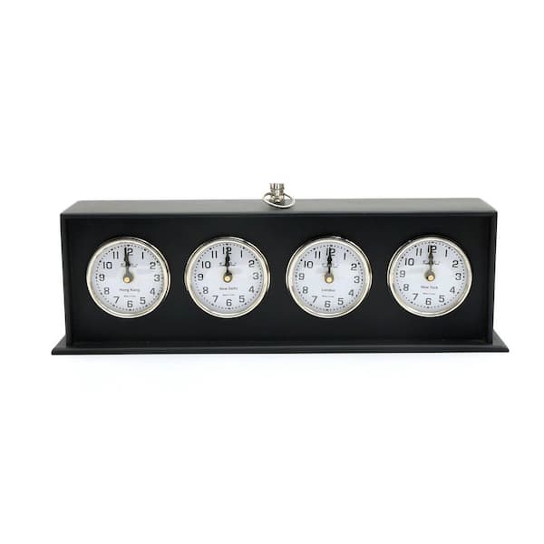 Modern Black Multi-Time Zone Wood Table Clock with Global-Inspired ...