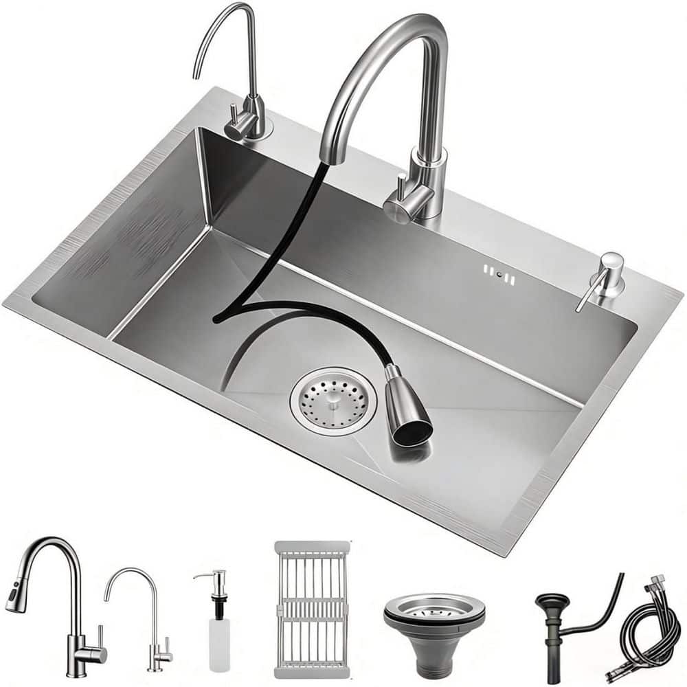 Whatseaso 19.7 in. Drop In/Topmount Workstation Single Bowl Stainless ...