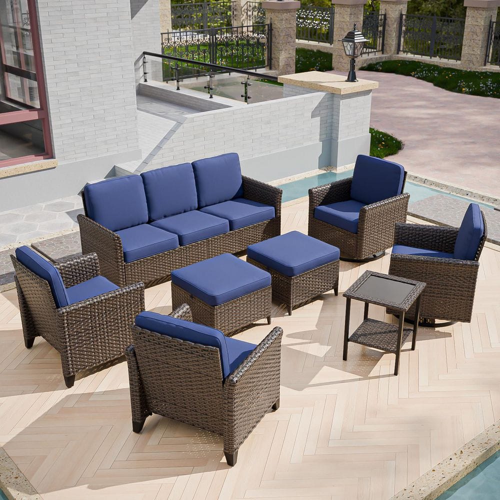 COOS BAY Brown Rattan Wicker 8-Piece Outdoor Patio Conversation Set with Blue Cushions, Side ...