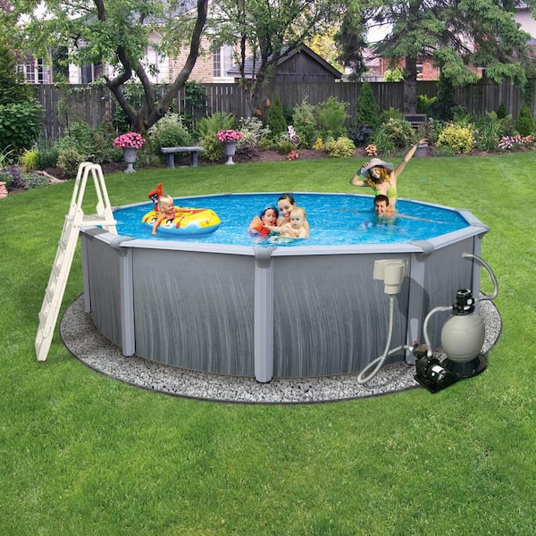 Blue Wave Martinique 18 ft. Round x 52 in. Deep Metal Wall Above Ground Pool Package with 7 in. Top Rail NB3112 The Home Depot