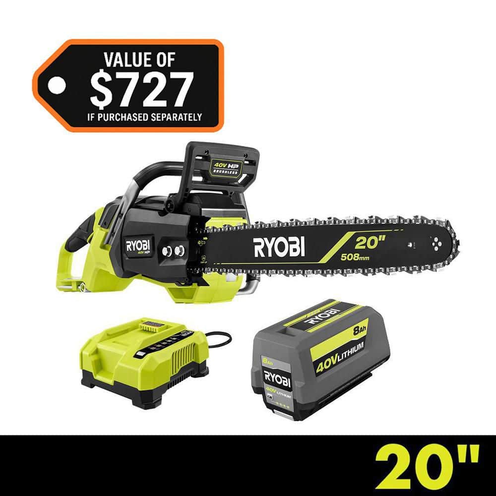 RYOBI 40V HP Brushless 20 in. Battery Chainsaw with 8.0 Ah Battery and ...