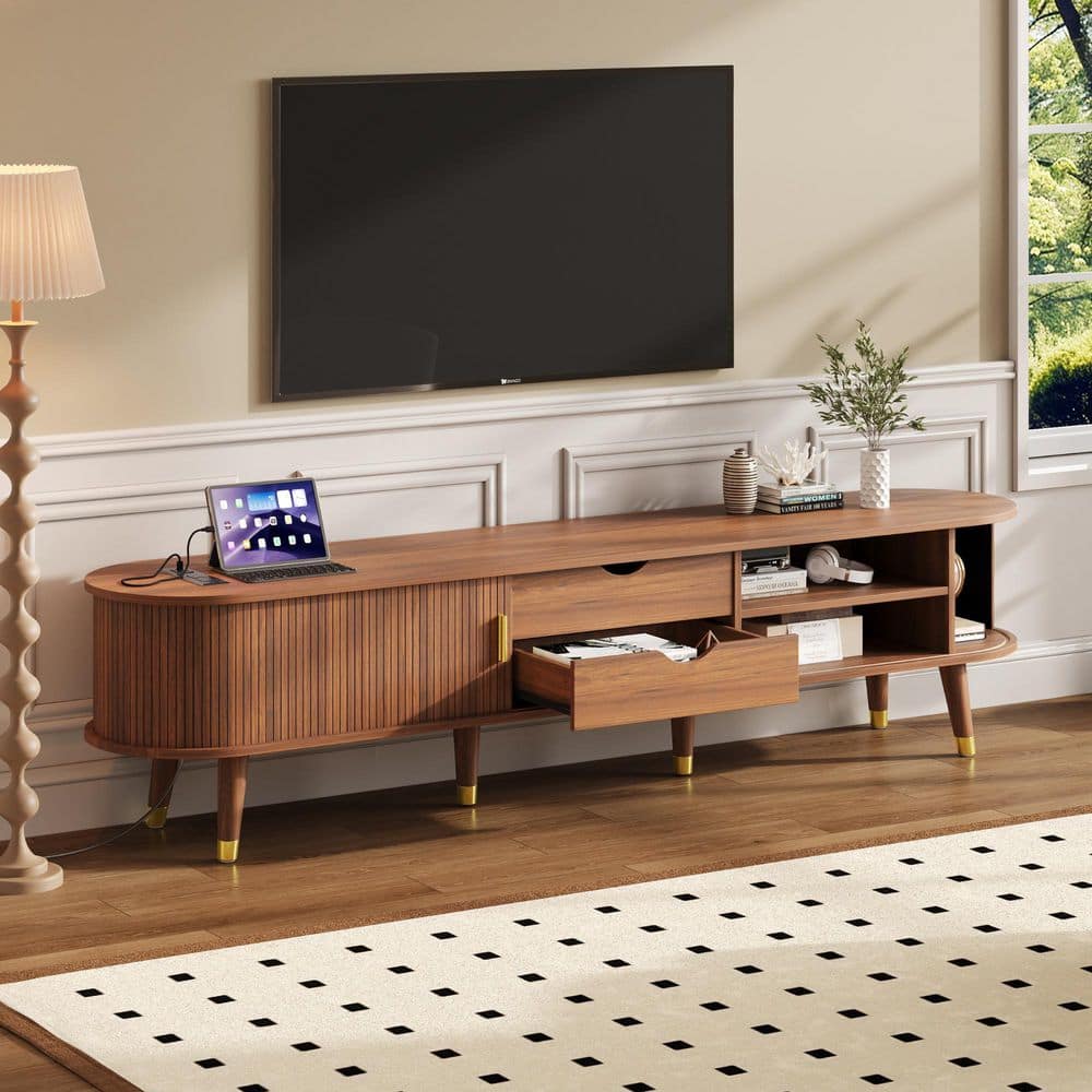 Harper & Bright Designs Walnut Wooden Oval Fluted TV Stand Fits TVs up ...