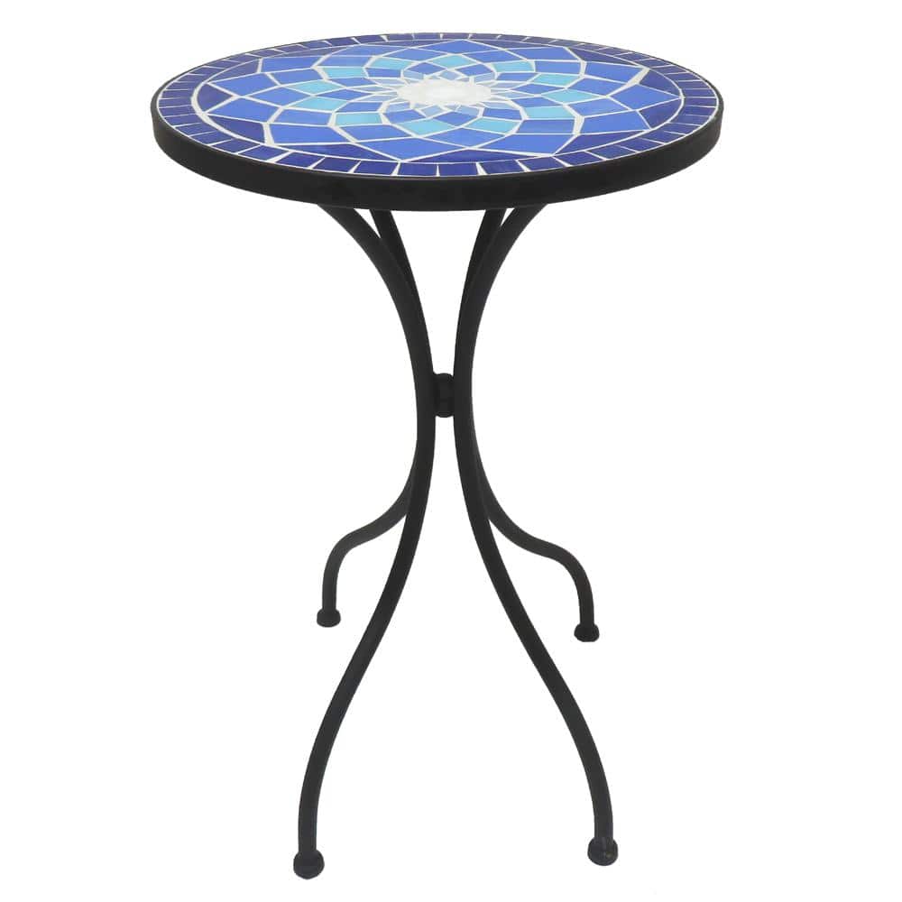 HOTEBIKE 14 in. Round Blue Mosaic Outdoor Side Table with Concrete Tile ...