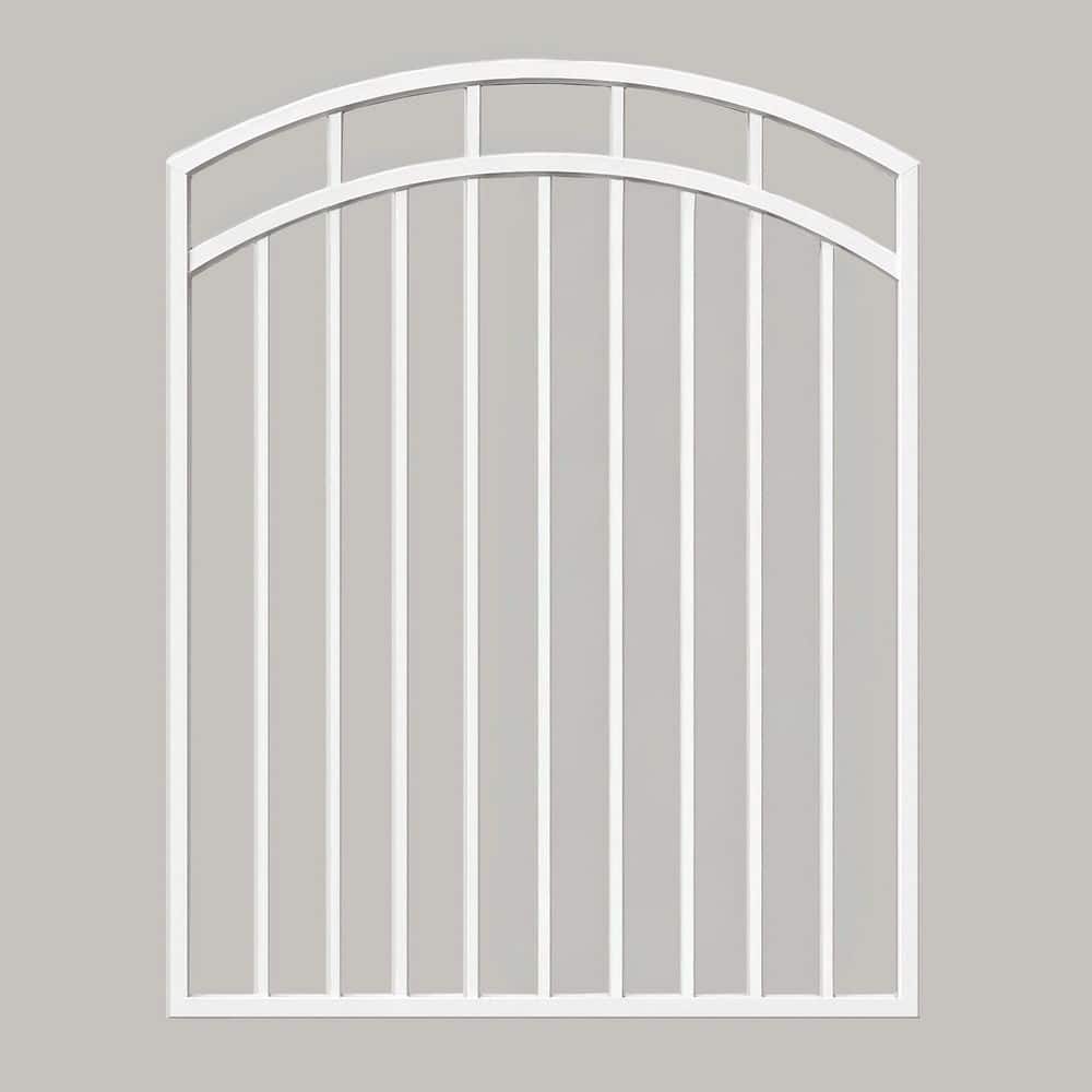 NUVO IRON Glossy White Arched Benitoite Steel Gate (45 in. W x 56 in. H ...