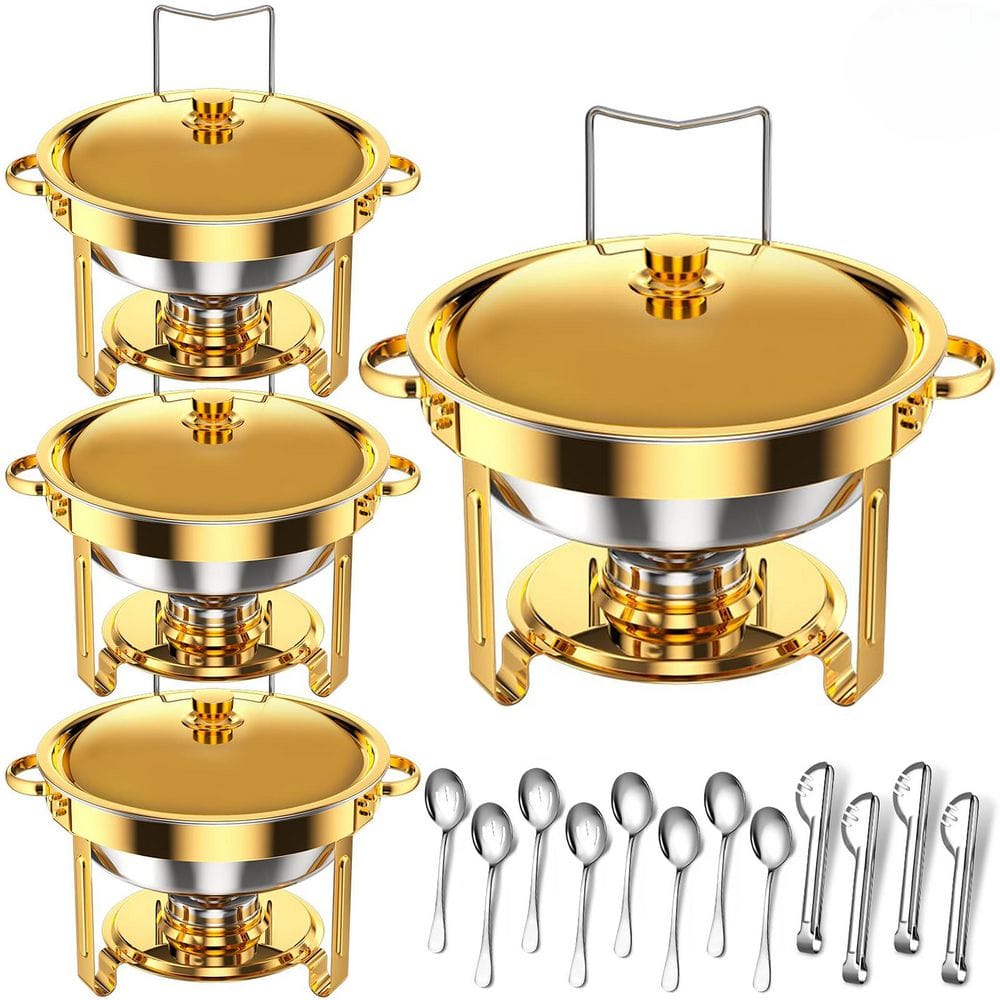 Anqtovp Round Chafing Dishes 5 qt. Gold Stainless Steel Buffet Set with ...