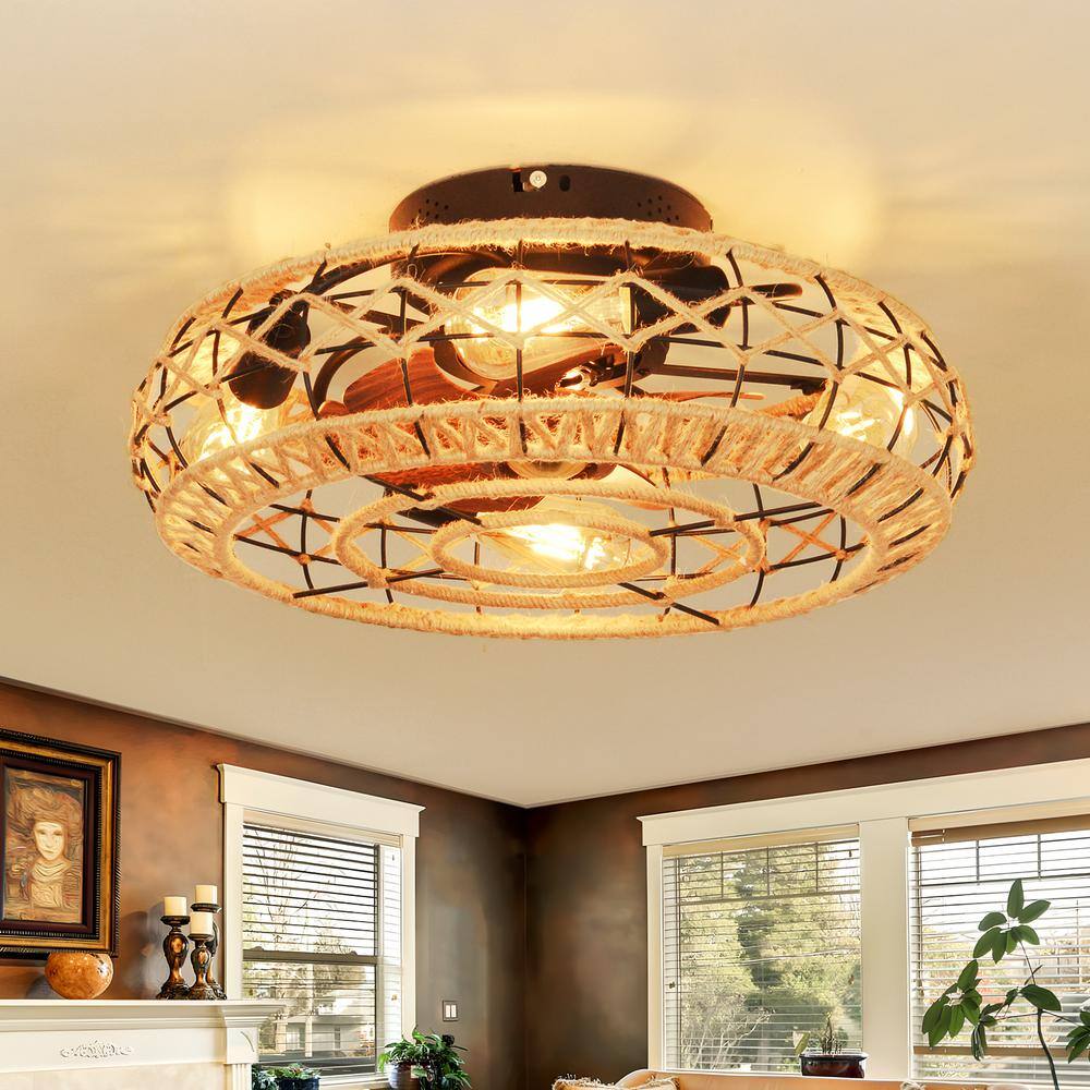 TOZING 20 in. Smart Indoor 4 light Gold Industrial Rope Caged Low ...