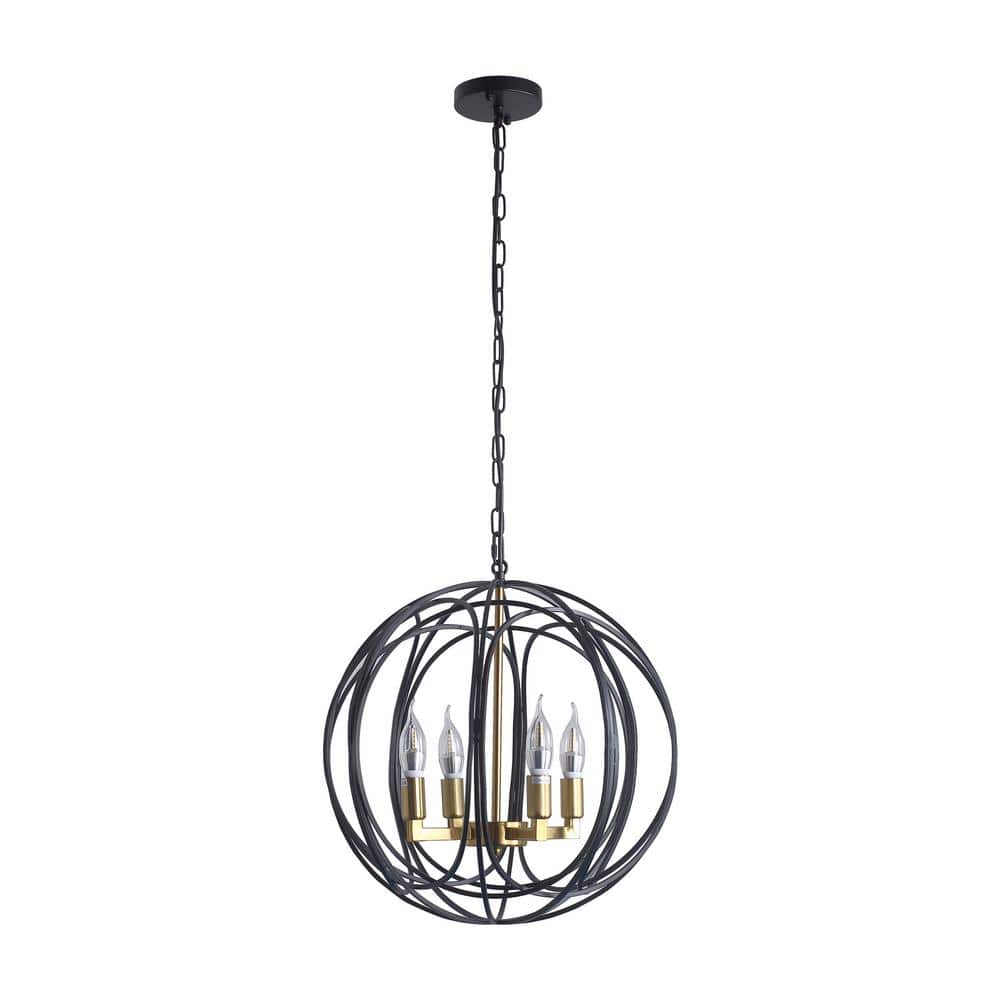 PUDO 17.7 in. 4-Light Black Spherical Cage Pendant Light with ...