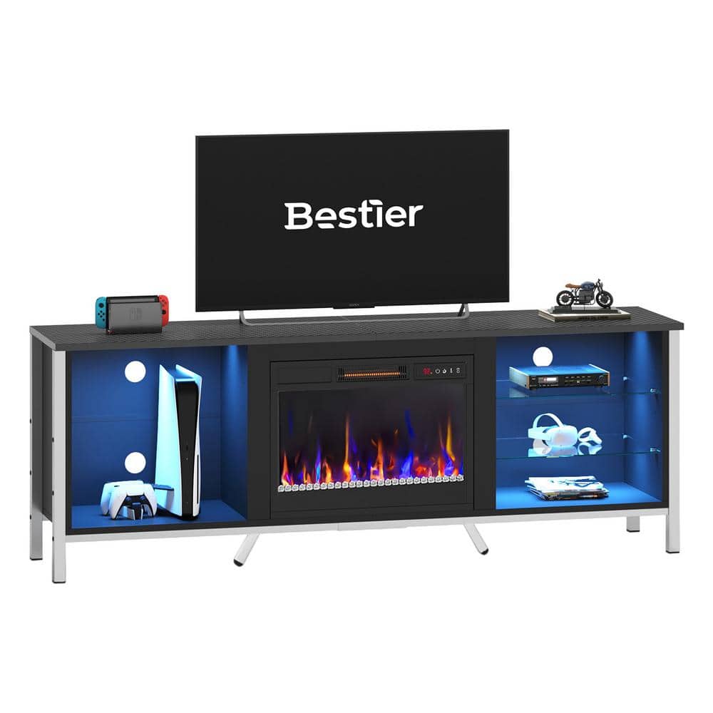 Bestier 70.87 in. Black Carbon Fiber TV Stand with Fireplace and Glass ...