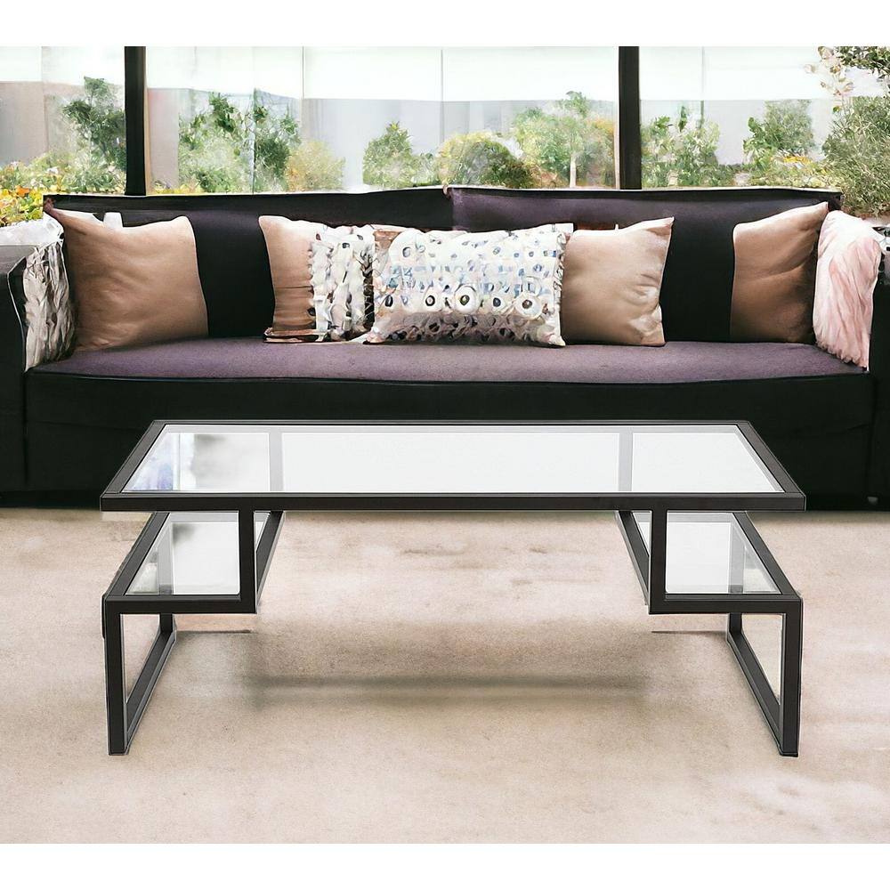 HomeRoots 45 in. Black Rectangle Glass Coffee Table with Shelves ...