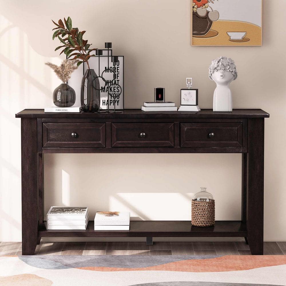 Polibi 55.1 in. Espresso Rectangle Wood Console Table with 3 Drawers ...