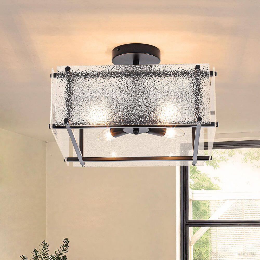 PAKOKULA 14.57 in. 4-Light Black Square Industrial Semi-Flush Mount ...