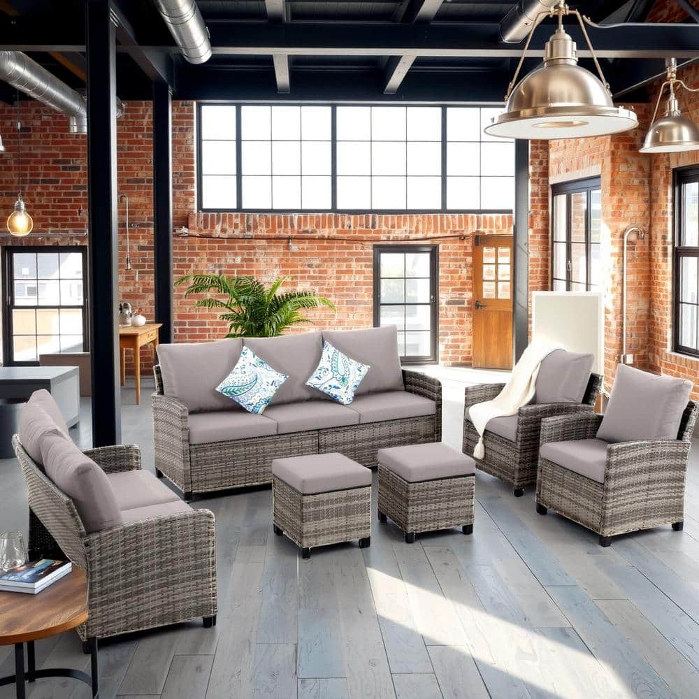 FOREST HOME Modern 6-Piece Patio Furniture Gray Wicker Couch Conversation Set with Gray Cushions ...