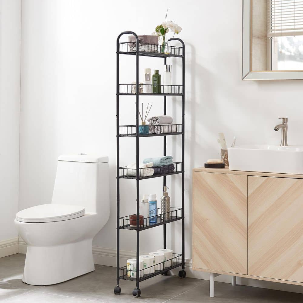 Top-Notch Slim Storage 6-Shelf Black Narrow Slide Rolling Cart with 6 ...