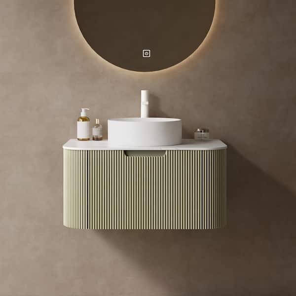 Ziyudura 30 in. Single Sink Floating Curved Edge Natural Bath Vanity ...