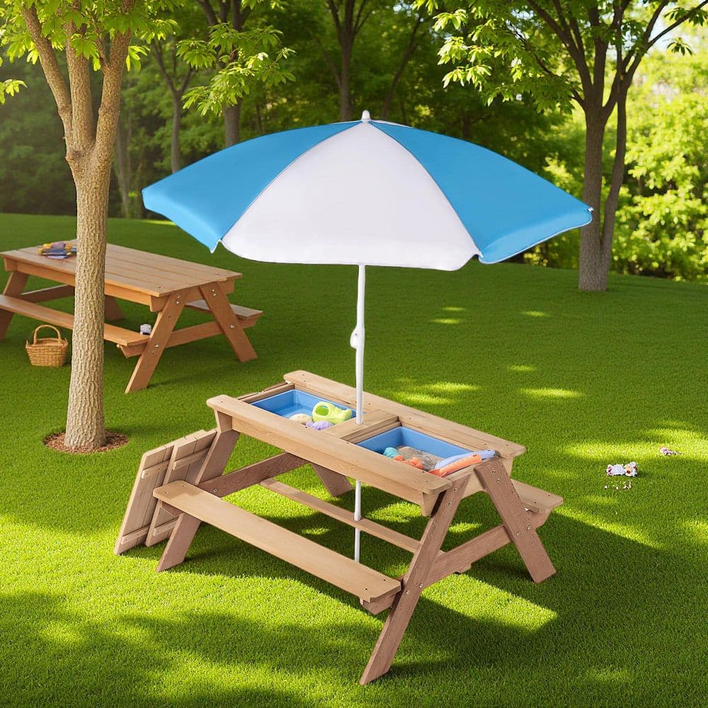 37 in. Natural Rectangle Wood Kids Picnic Tables with Umbrella ...