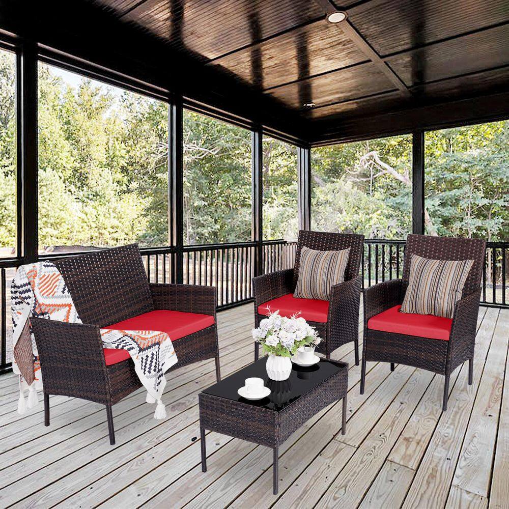 Brown 4-Piece Wicker All-Weather Patio Conversation Set with Red ...
