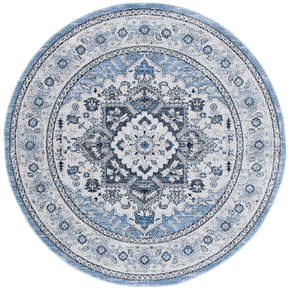 SAFAVIEH Charleston Blue/Gray 7 ft. x 7 ft. Border Floral Round Area ...