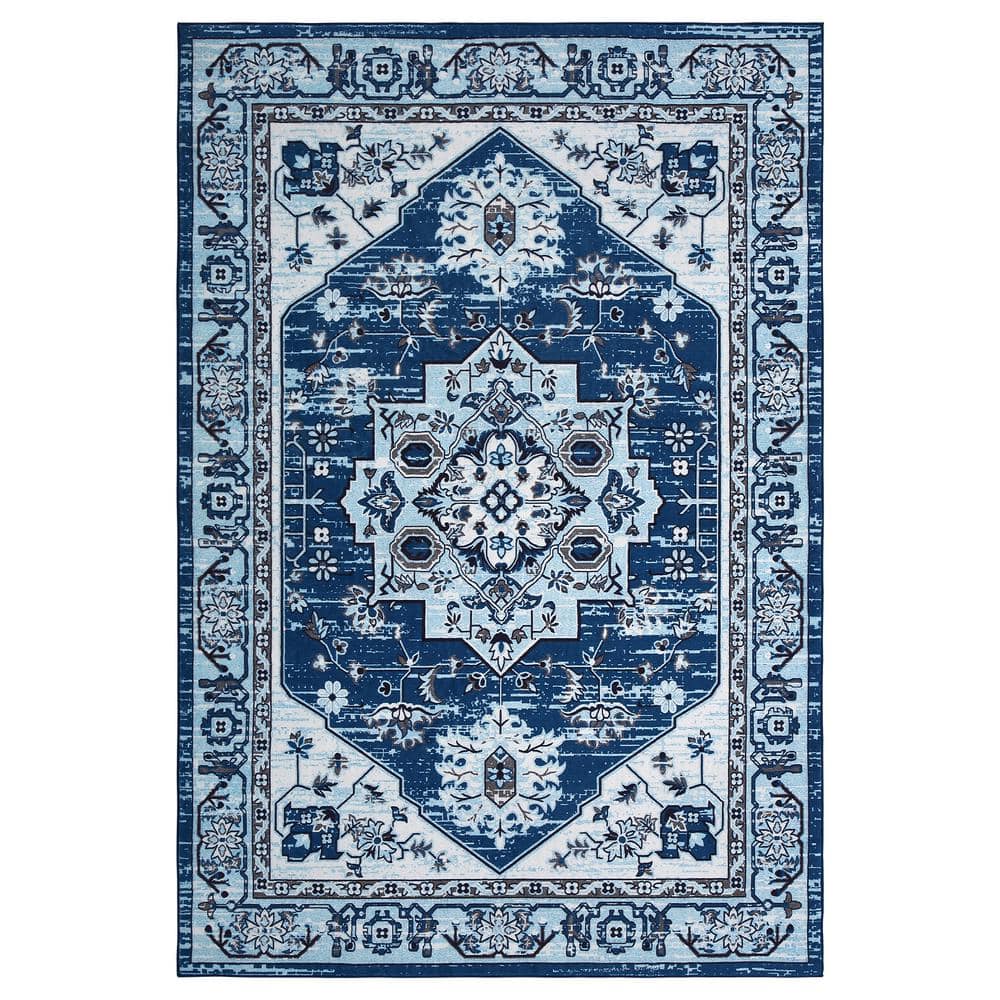 Garvee Navy 6 ft. x 9 ft. Washable Floral Indoor Entryway Area Rug LS ...