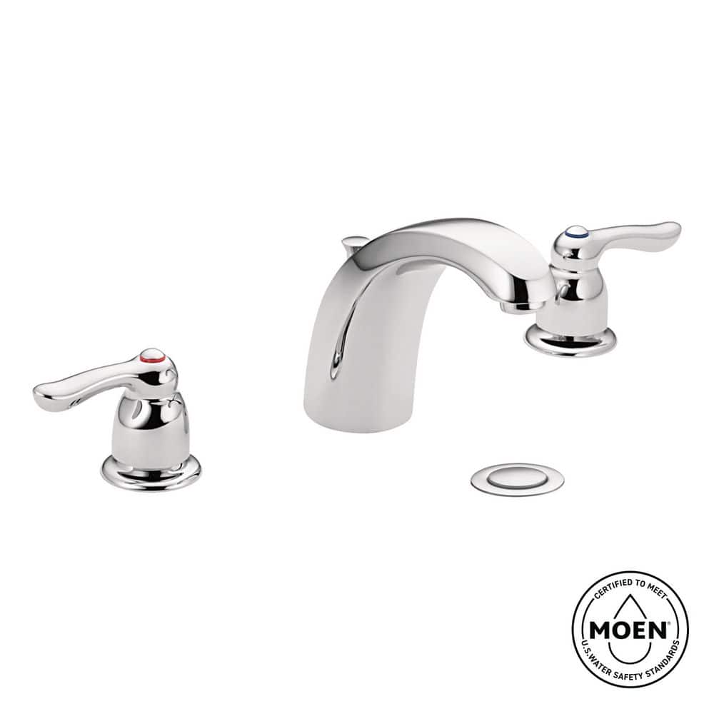 MOEN Chateau 8 in. Widespread 2-Handle Low-Arc Bathroom Faucet with Drain Assembly in Chrome ...