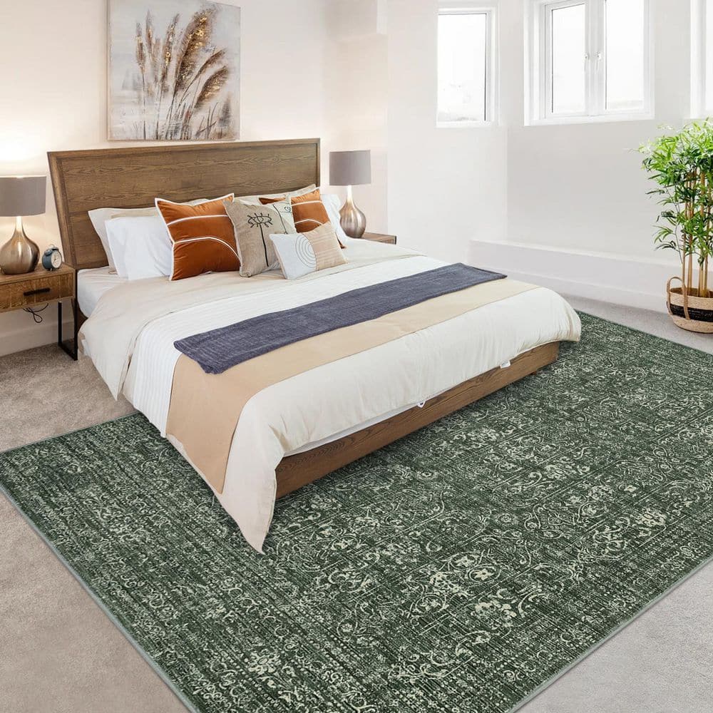 Dark Green 5 ft. x 7 ft. Vintage Floral Carpet Short Pile Neutral Soft Rug Non-Slip for Bedroom ...