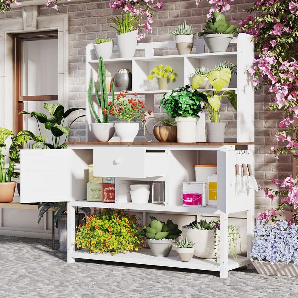 White Wood Garden Plant Workstation with Hutch, Drawer and Adjustable ...
