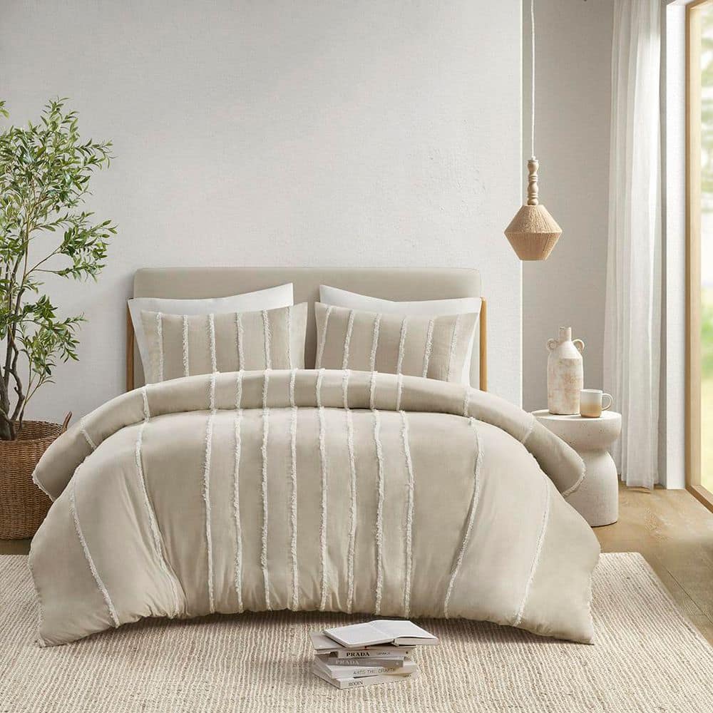 INK+IVY Shay 3-Piece Taupe Striped Cotton Full/Queen Duvet Cover Set ...