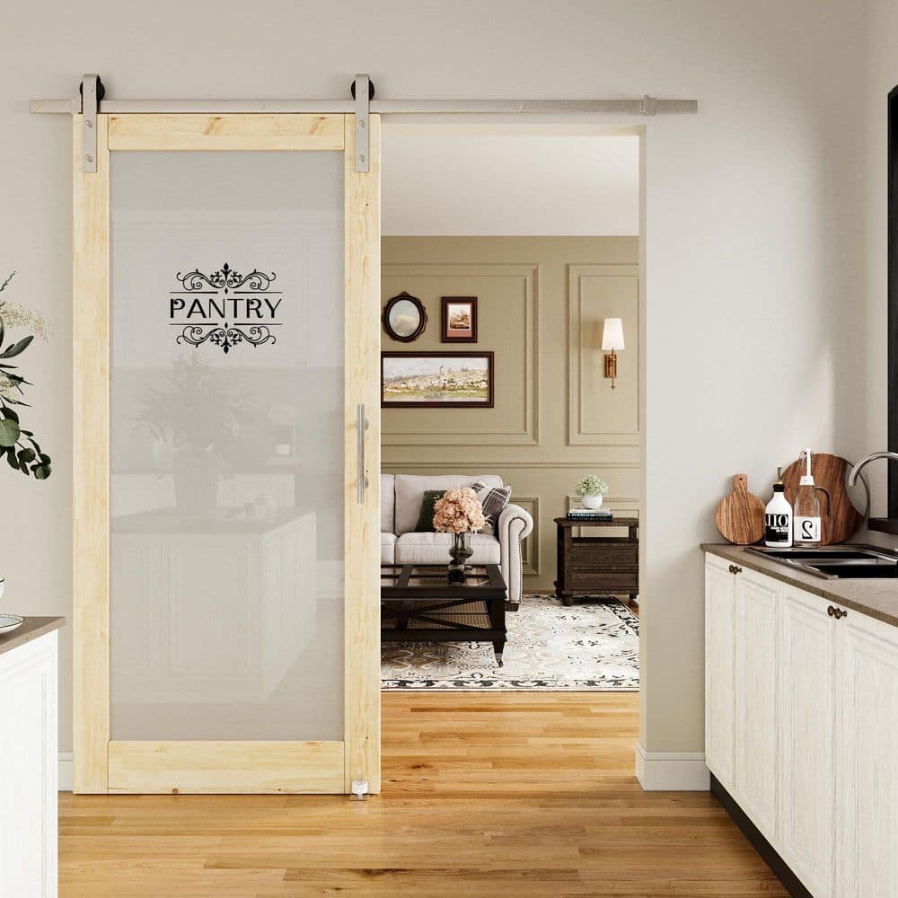ARK DESIGN 36 in. x 80 in. 1 Lite Frosted Glass Unfinished MDF Sliding ...