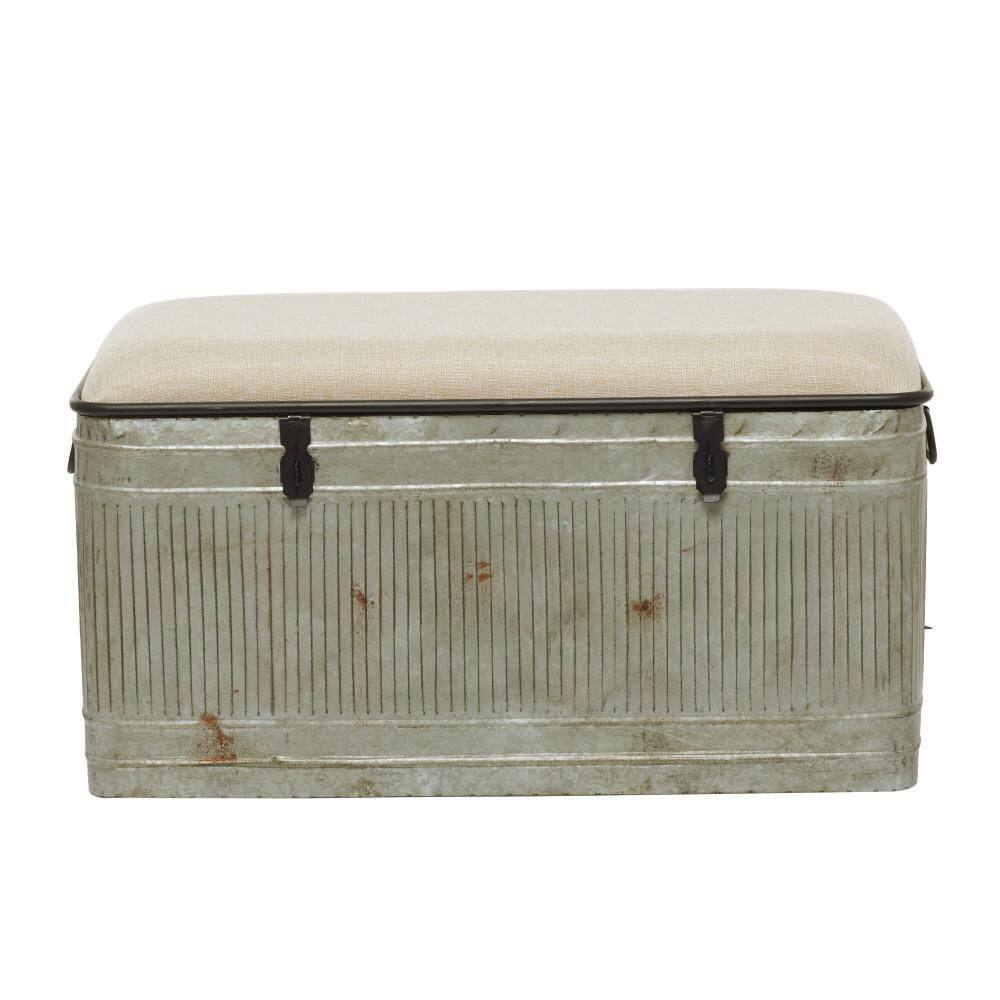 Litton Lane Gray Galvanized Storage Bench with Cream Burlap Top and ...