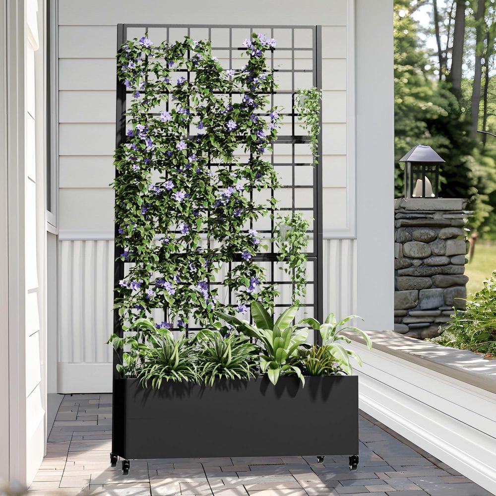 Dovelina 35 in. x 71 in. Black Metal Iron Planter Box with Attached ...