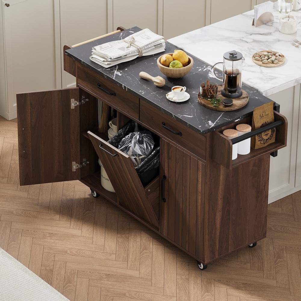 Xzkai Brown Wood 51 in. Kitchen Island with 5 Wheels and 2 Drawers ...