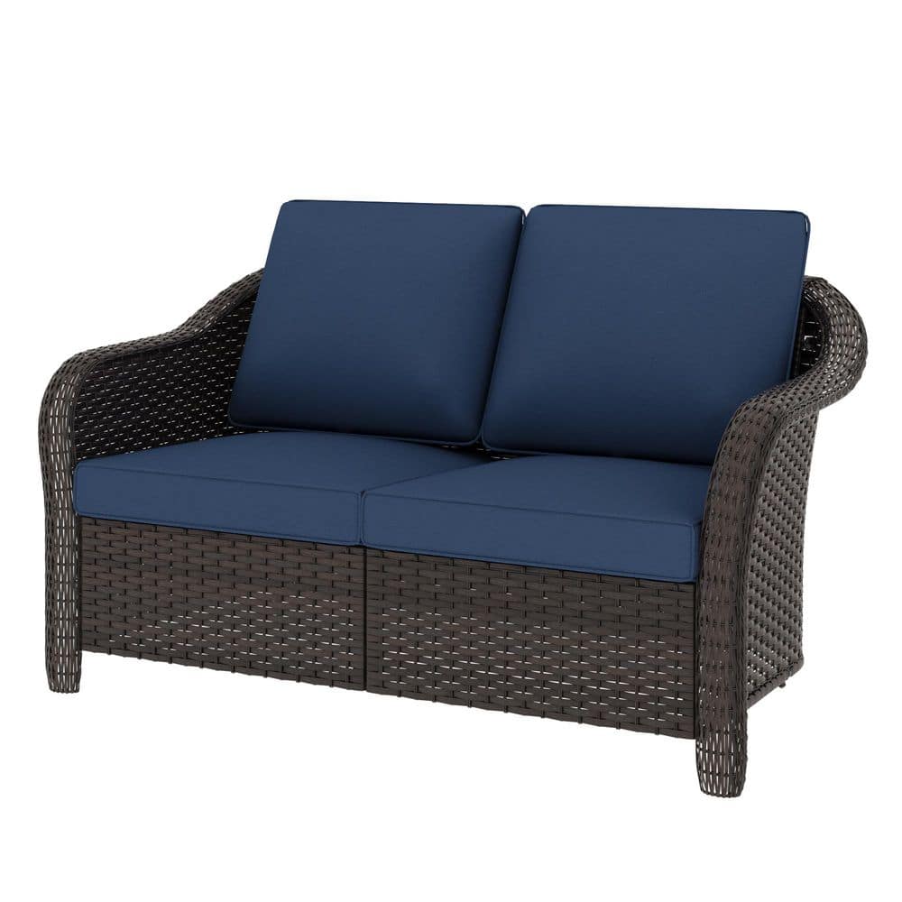 Esunny 2-Seat Wicker Outdoor Sofa Patio Couch with Soft Dark Blue ...