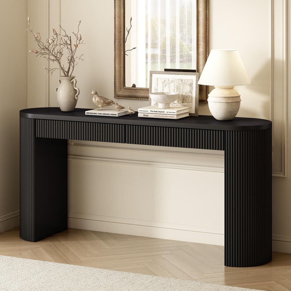 Harper & Bright Designs Vertical Striped Design 58.2 in. Black Curved ...