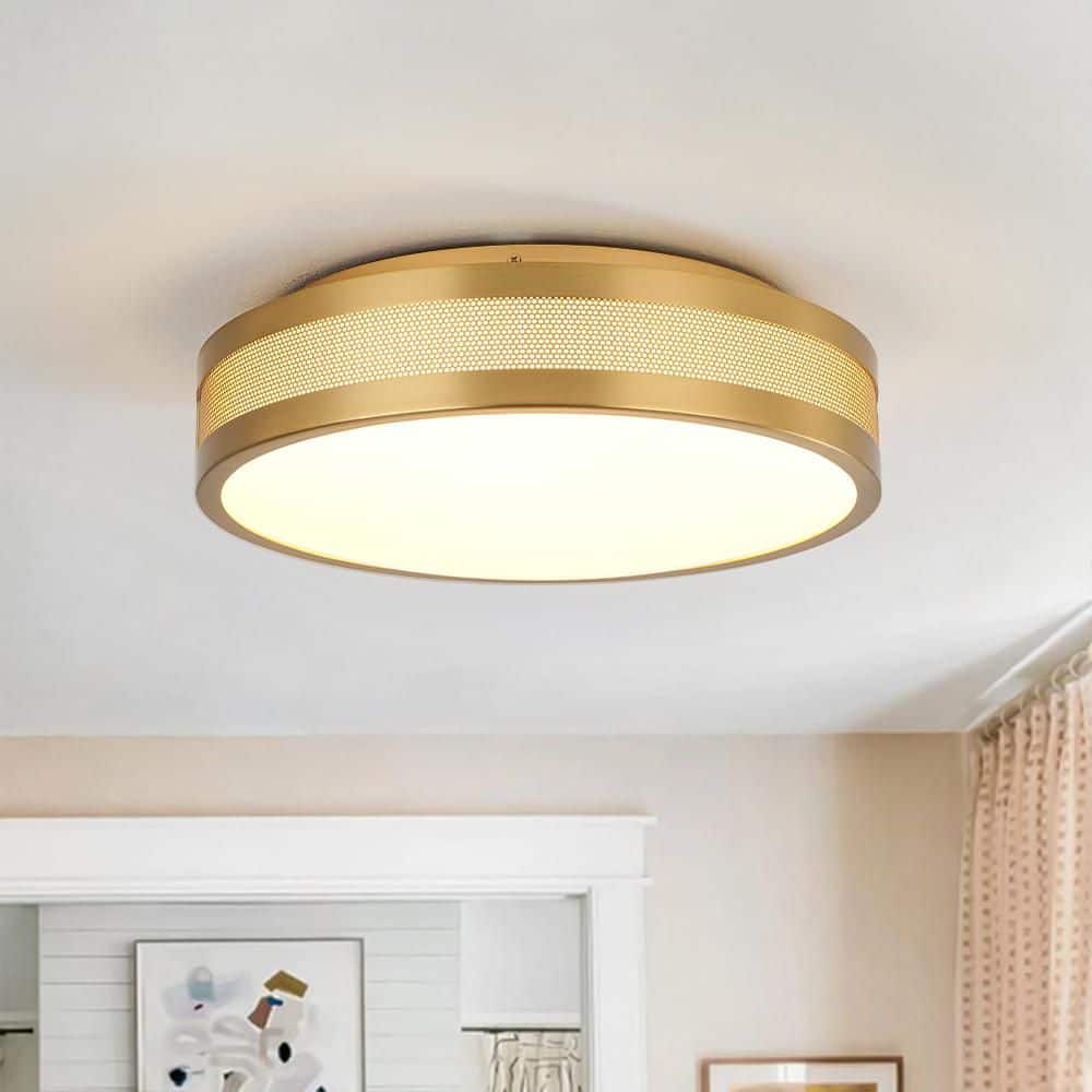 Y'INSP Lumo Hive 15.7 in. Brushed Gold Dimmable Integrated LED Flush Mount Ceiling Light Fixture ...