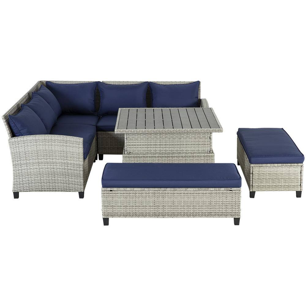 Runesay Modern 6-Piece Gray Wicker Patio Conversation Set with Blue ...